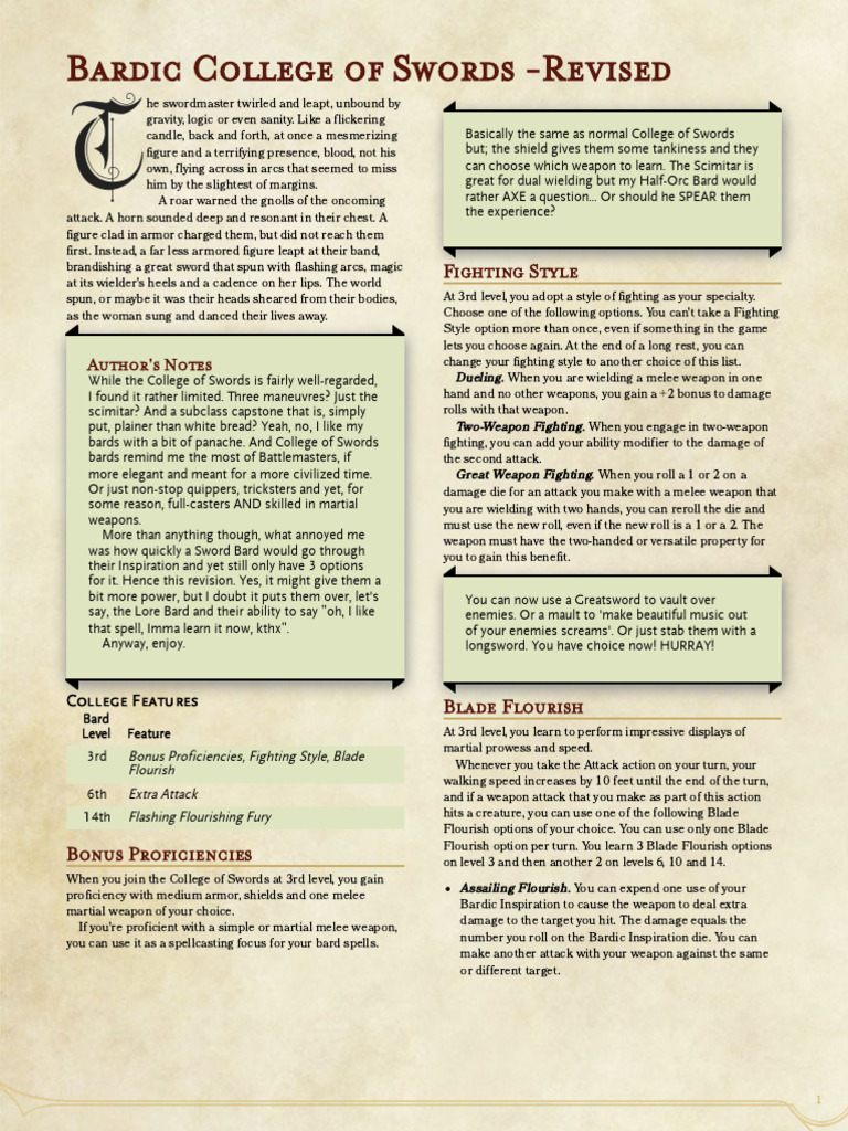 Bardic College of Swords - Revised - The Homebrewery | PDF | Blade ...