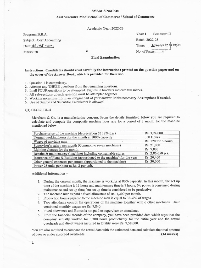 FINAL QP - BBA - Cost Accounting - 742FI0C021 - Semester II | PDF