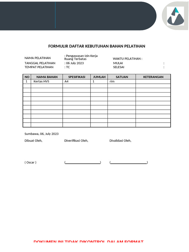 Form. Daftar Kebutuhan Bahan | PDF