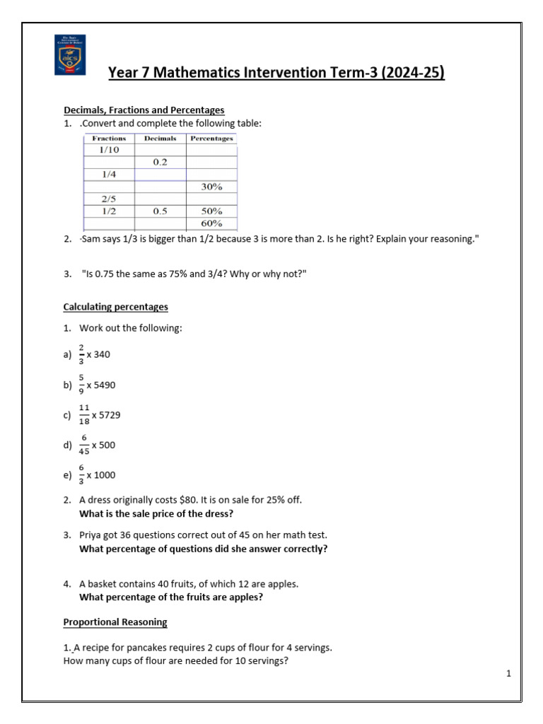 Year 7 Math Intervention: Decimals & Percentages | PDF