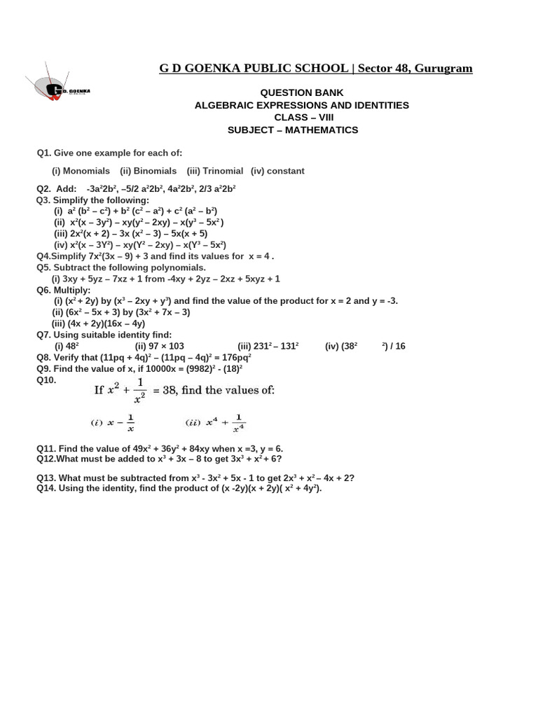Ch8-Algbraic Expression-Assign1 | PDF