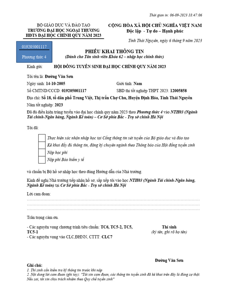 Phieu Nhap Hoc@ | PDF