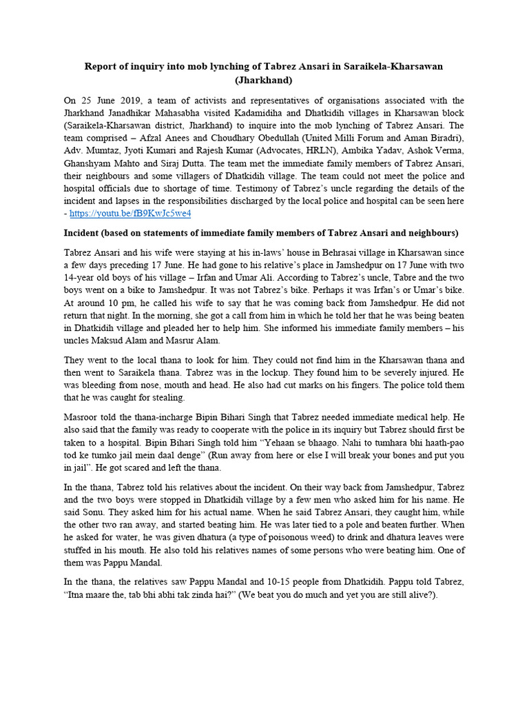Report of Fact Finding Inquiry Into Tabrez Ansaris Mob Lynching | PDF