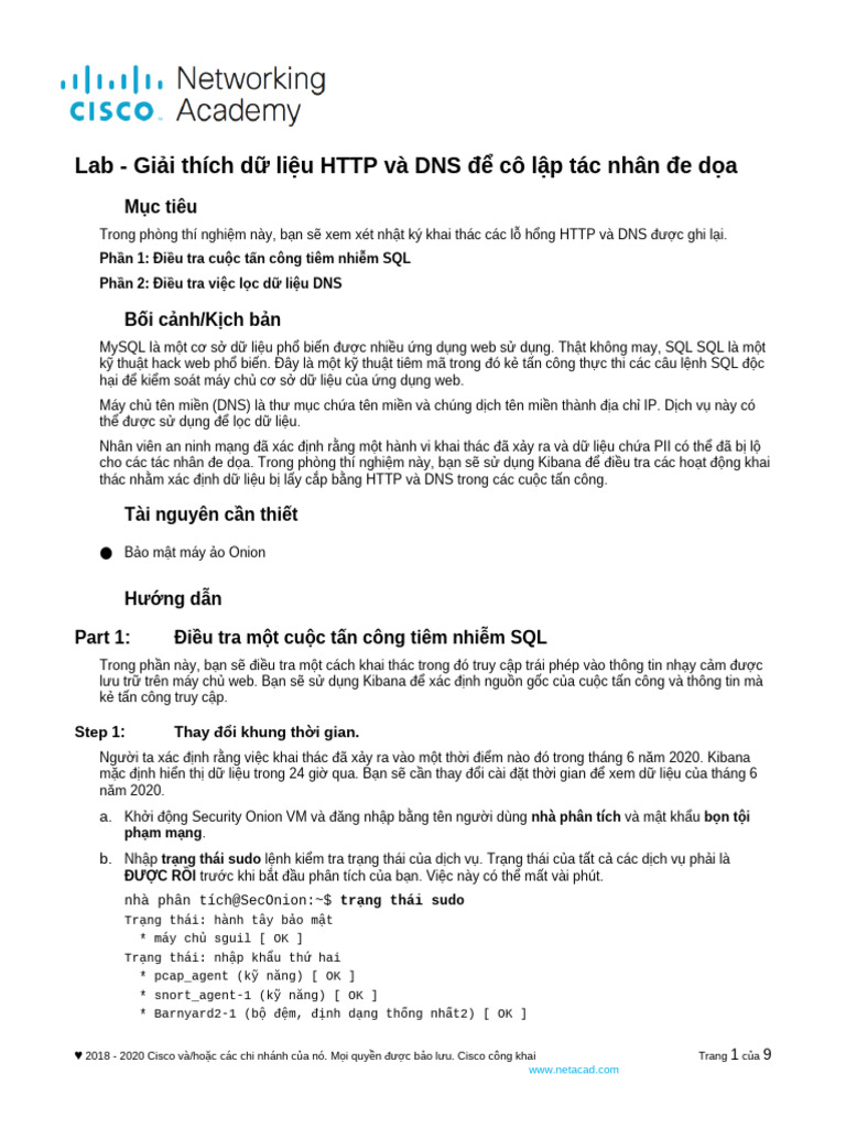 Bản dịch của 27.2.12 Lab - Interpret HTTP and DNS Data to Isolate Threat Actor | PDF
