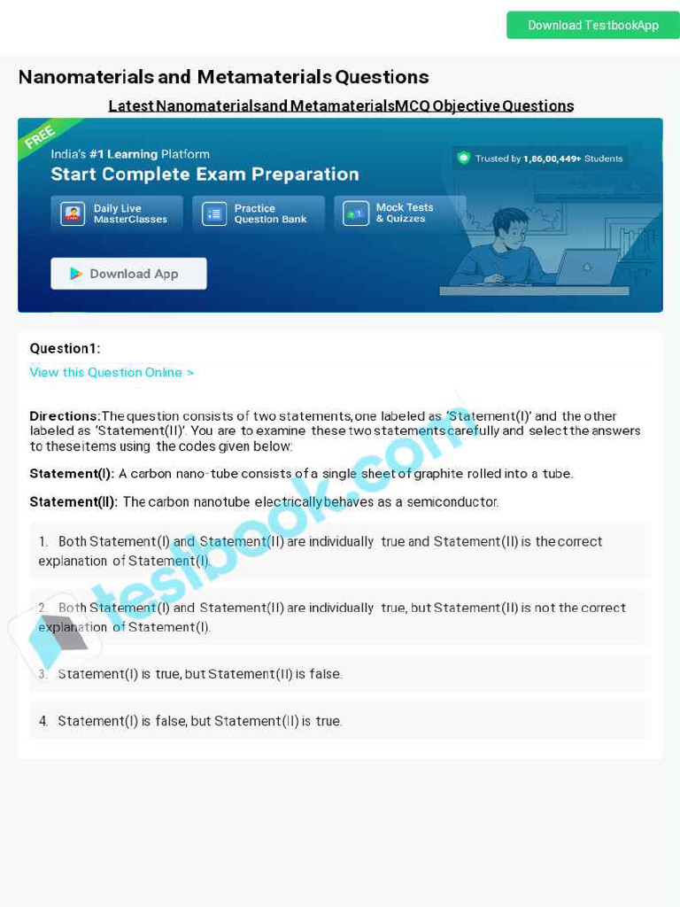 MCQ On Nanomaterials and Metamaterials 5fd265b773cb153dda2b3dd1 | PDF