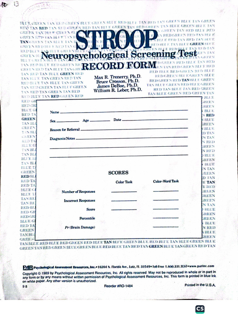 Stroop Scoring Sheet | PDF