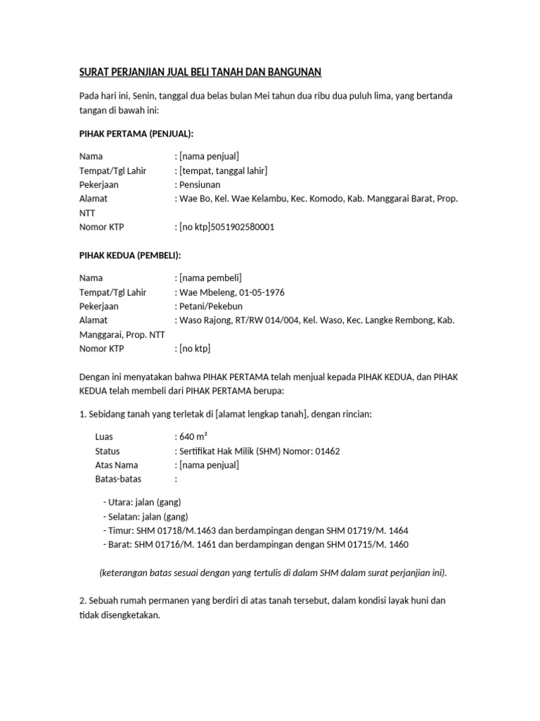 Surat Penjualan Tanah Dan Bangunan Template | PDF