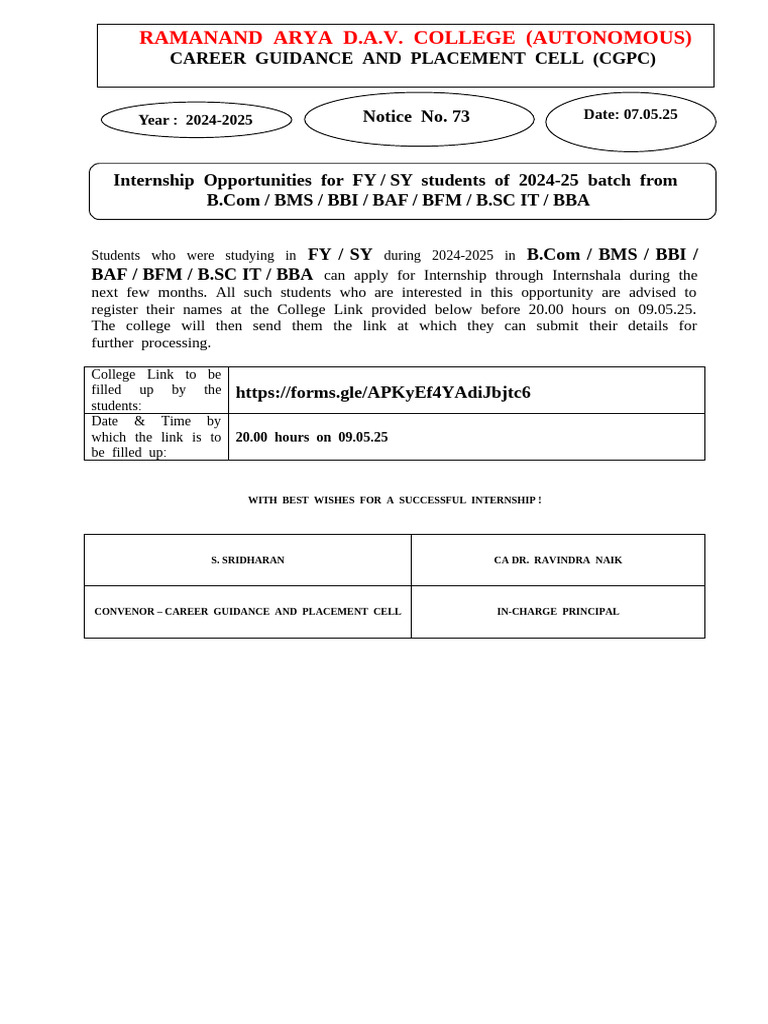 73 (07.05.25) Internship Through Internshala For Fy & Sy Students of 2024-2025 | PDF