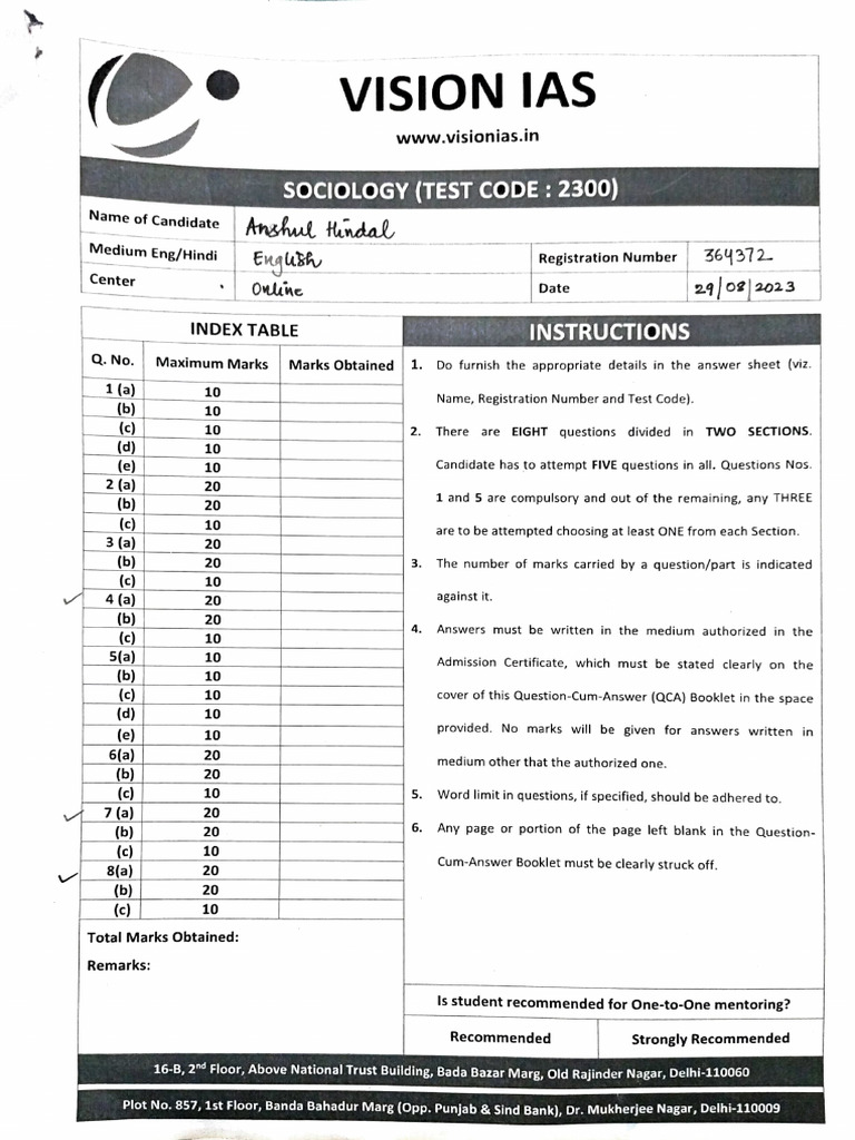 VisionIAS Toppers Answer Booklet ANSHUL HINDAL | PDF