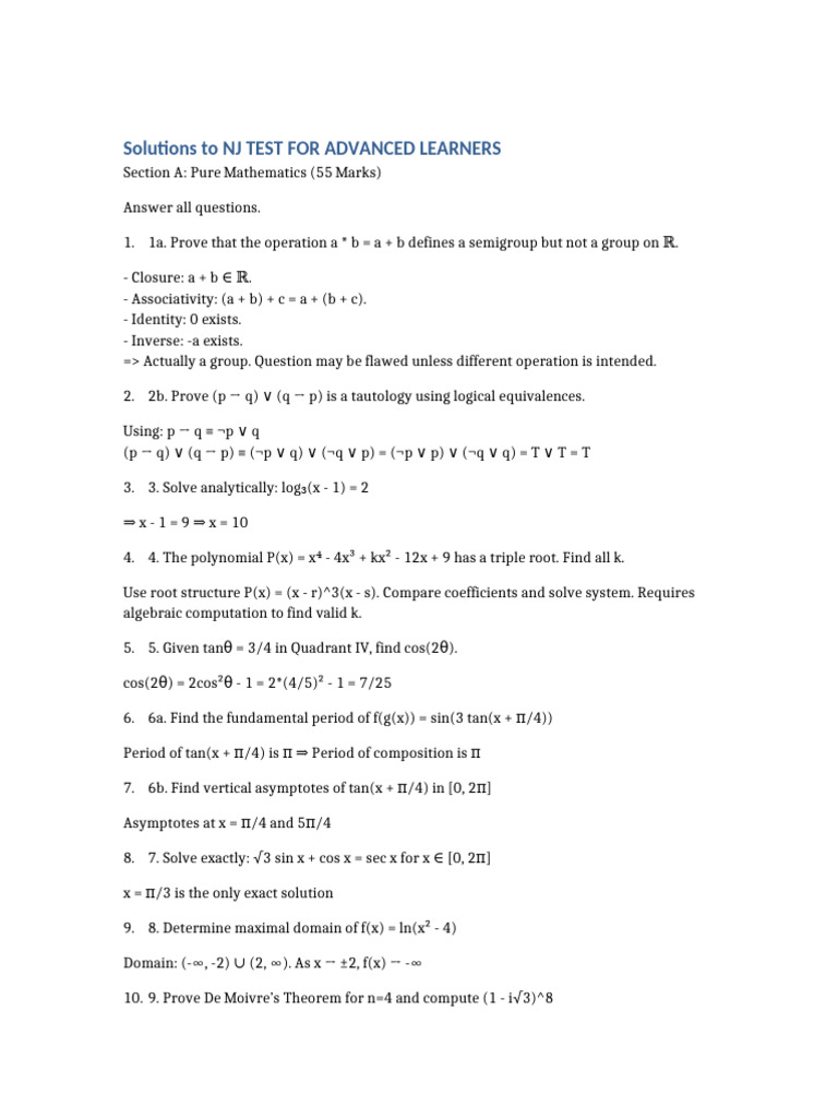 NJ Test Solutions Section A | PDF