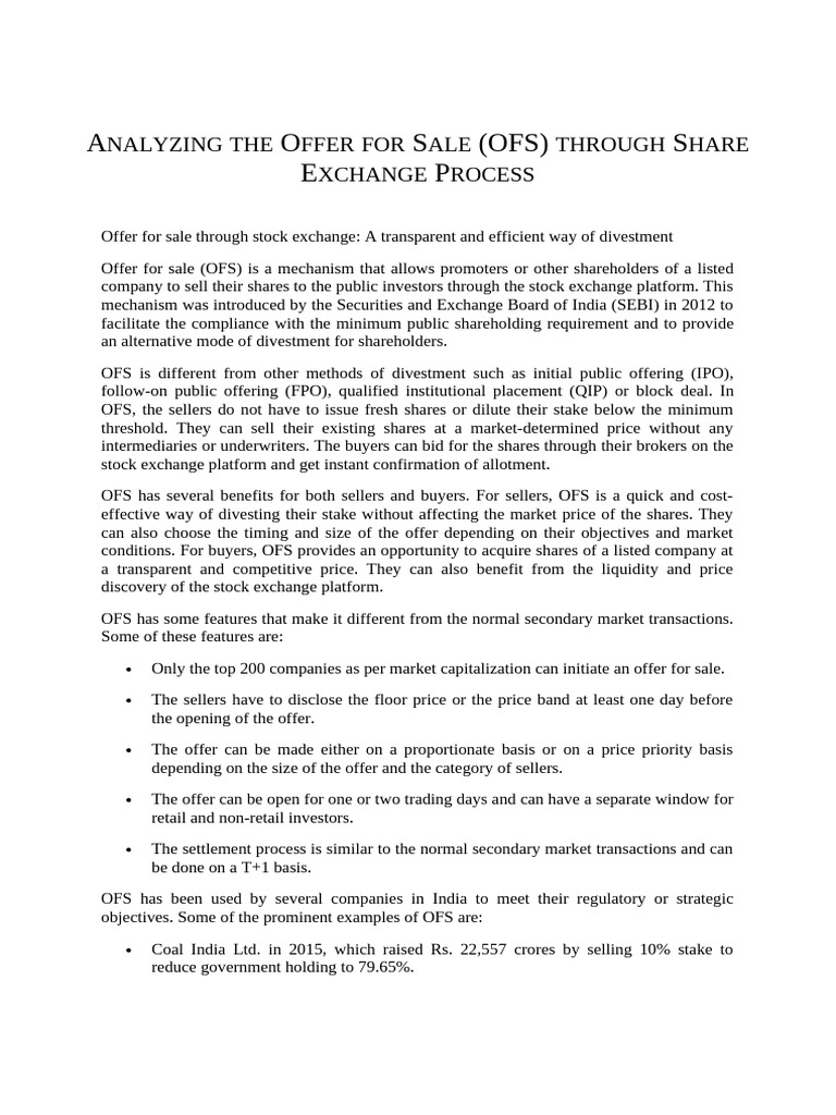 Analyzing The Offer For Sale | PDF | Stocks | Initial Public Offering
