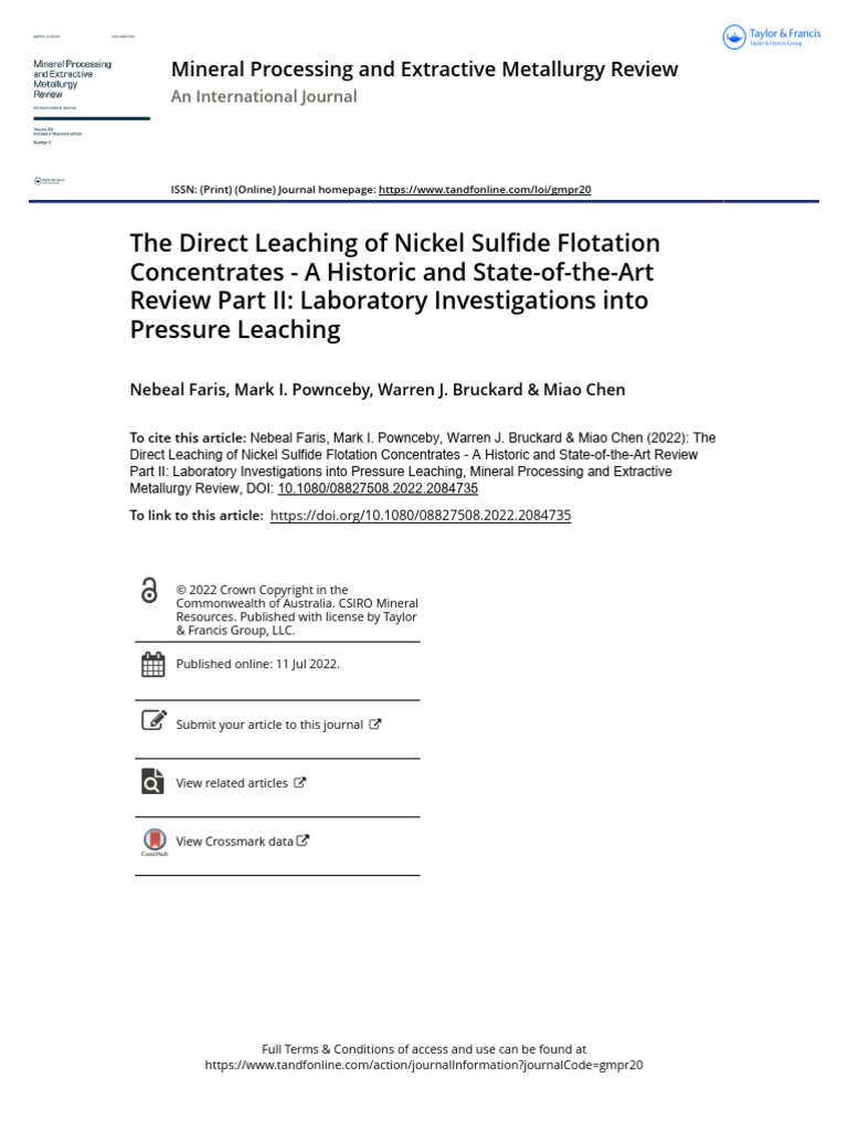The Direct Leaching of Nickel Sulfide Flotation Concentrates A Historic ...