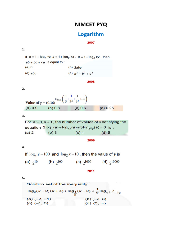 Logarithm NIMCET PYQ | PDF