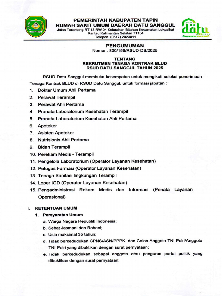 Pengumuman Rekrutmen Blud | PDF