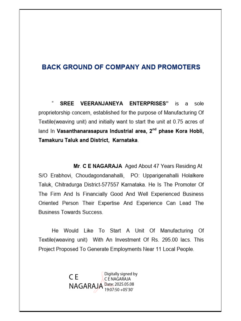 Back Ground of Company and Promoters: CE Nagaraja | PDF