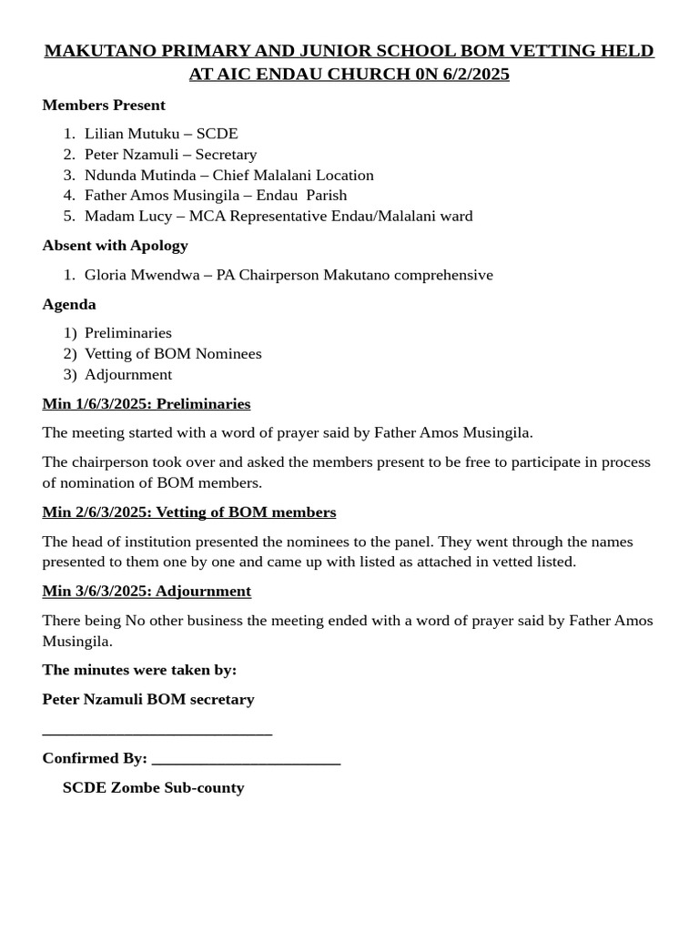 BOM Vetting Minutes for Makutano School | PDF