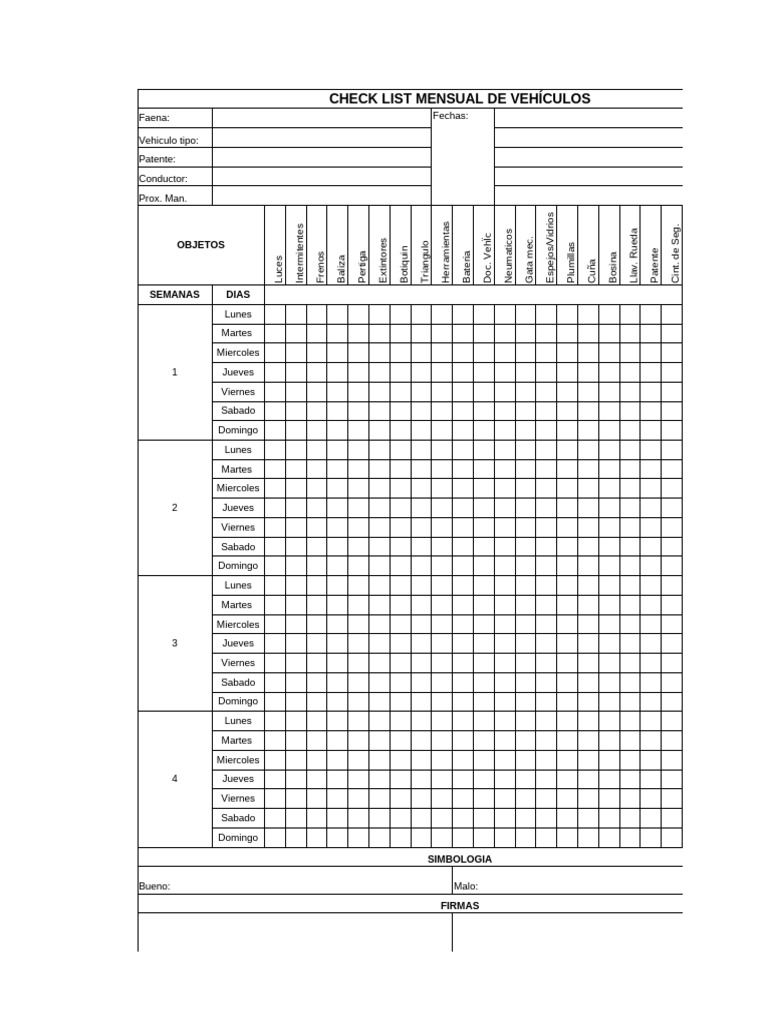 Check List Mensual Excavadora Excel | PDF | Tecnología de vehículos ...