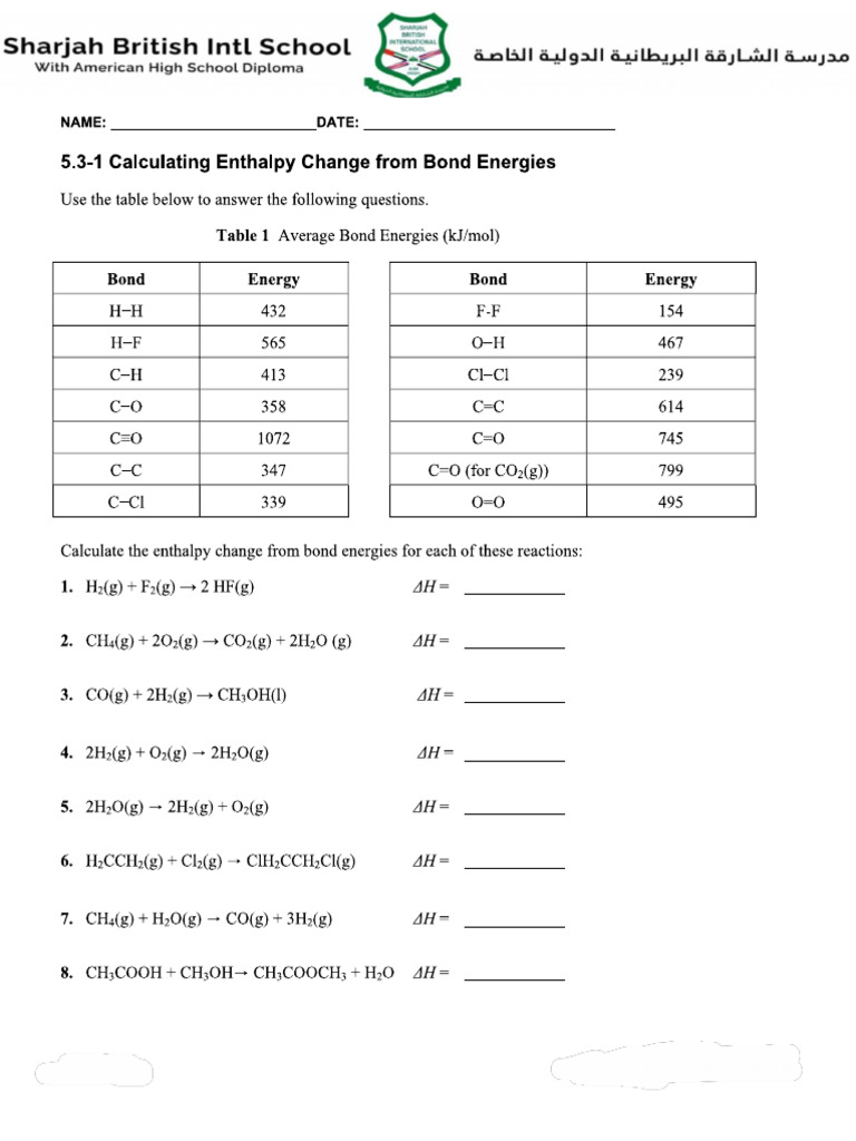 Bond Enthalpy Worksheet | PDF