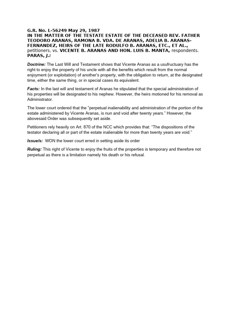 Vda. de Aranas v. Aranas 150 SCRA 415 | PDF