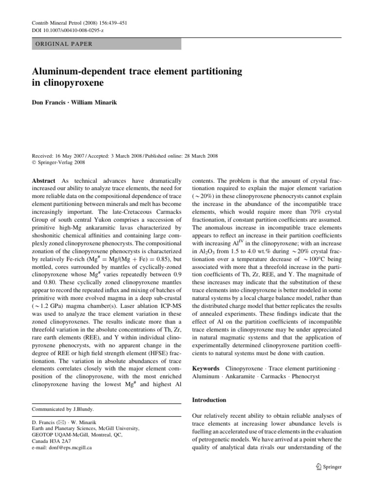 Art Aluminum-Dependent Trace Element Partitioning in Clinopyroxene | PDF | Basalt | Igneous Rock