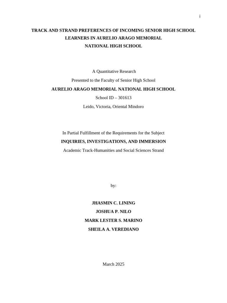 Track and Strand Preferences of Incoming Senior High School Learners in ...