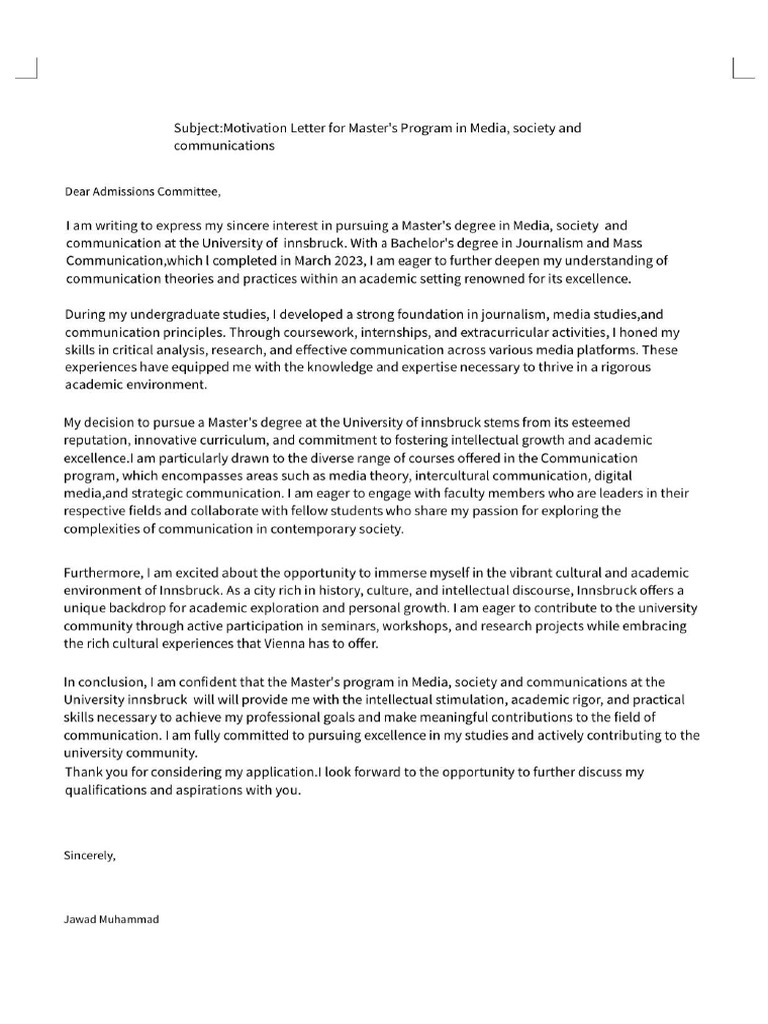 Motivation Letter To Innsbruck University Austria | PDF