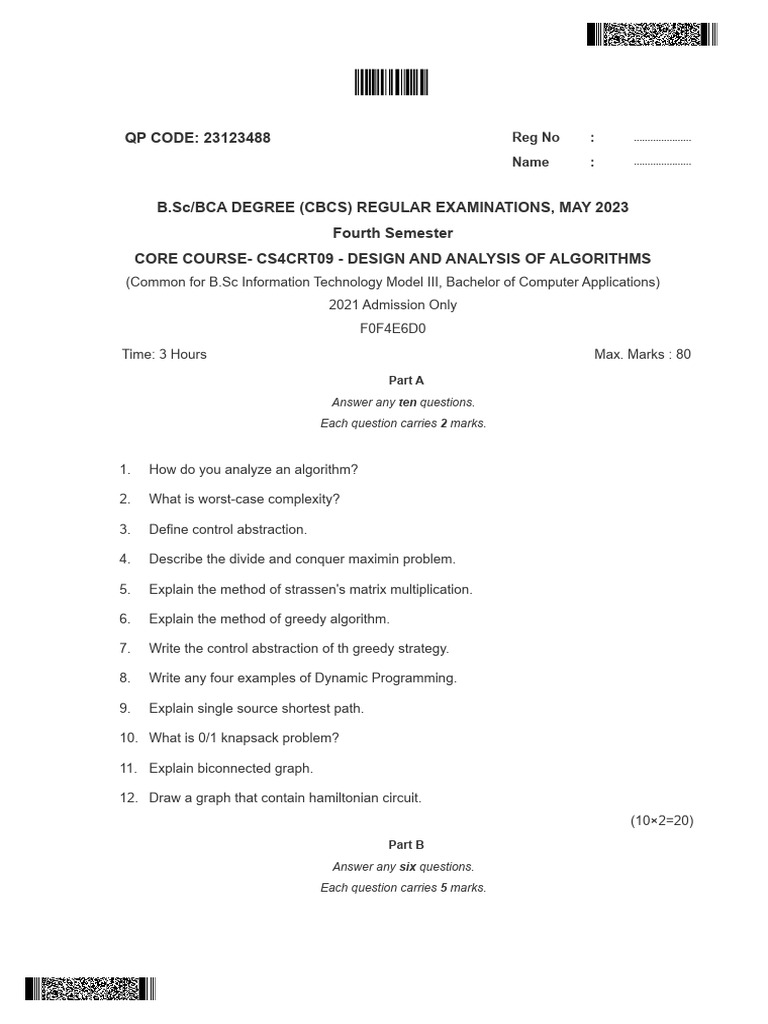 Bca Semester IV Design and Analysis of Algorithms 2023 Quest | PDF | Algorithms | Graph Theory