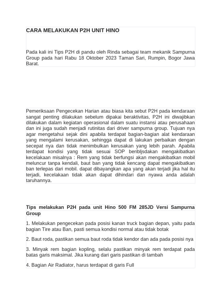 Cara Melakukan P2H Unit Hino | PDF