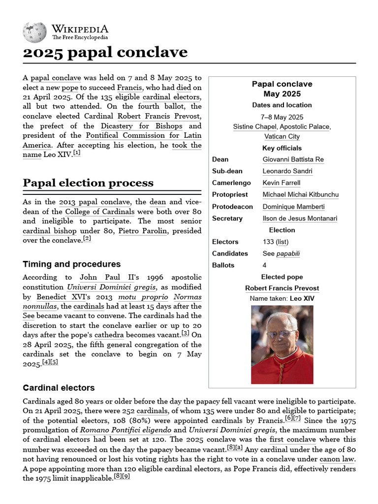 2025 Papal Conclave - Wikipedia | PDF | Pope | Vatican City People