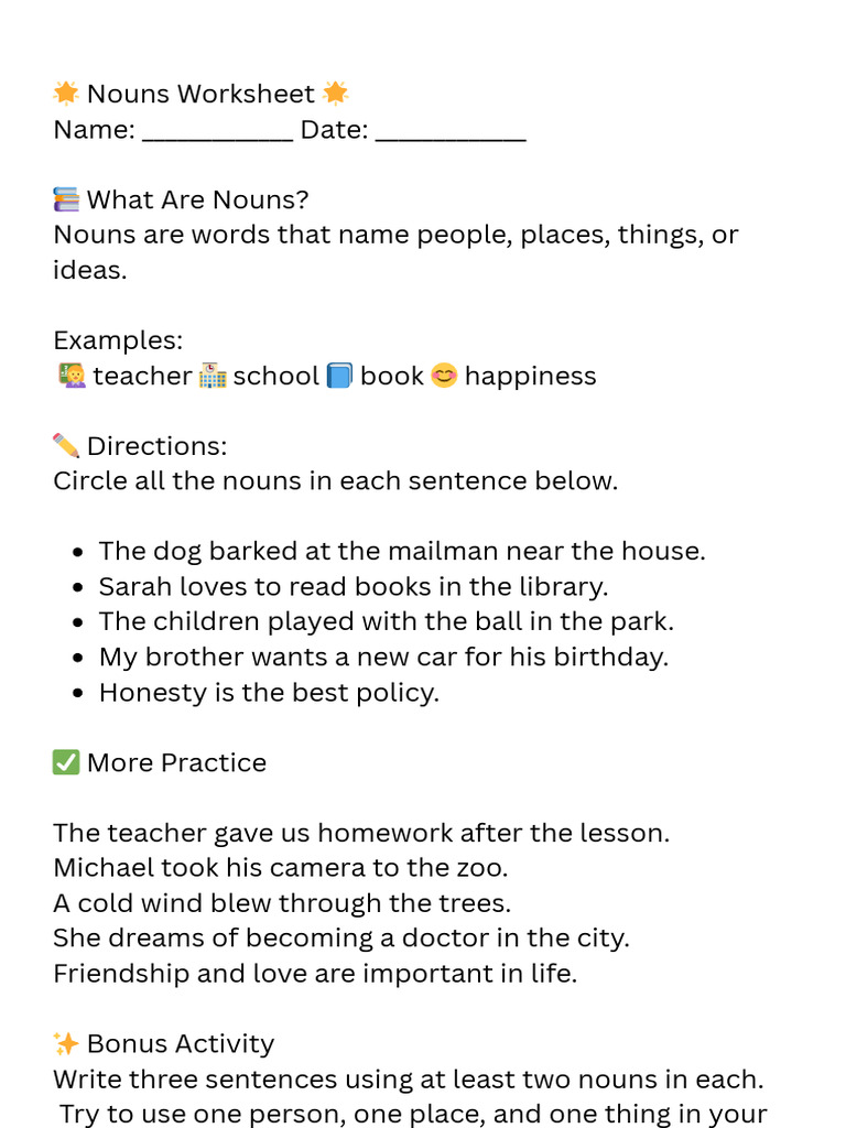 ? Nouns Worksheet ? Name - Date - ? What Are Nouns Nouns Are Words That ...