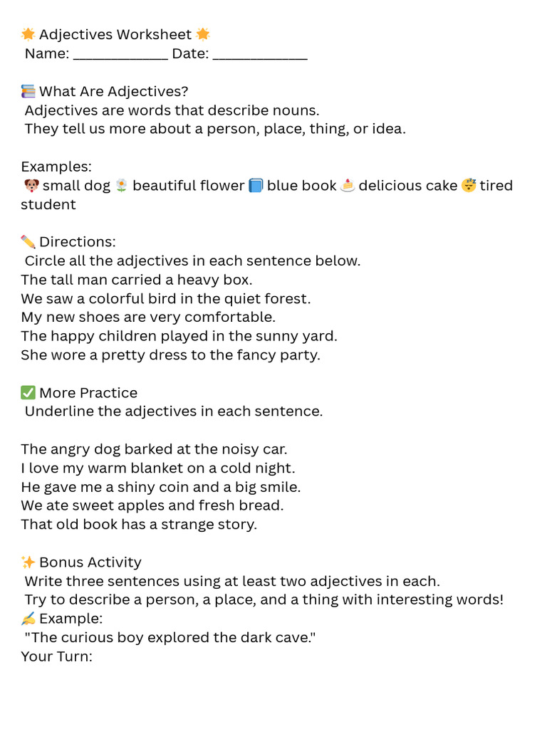 ? Adjectives Worksheet ? Name - Date - ? What Are Nouns Nouns Are Words ...