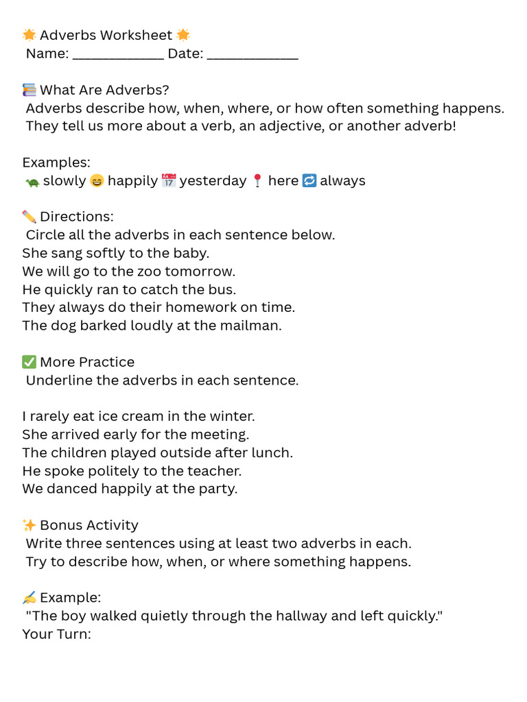 ? adverbs Worksheet ? Name _____________ Date _____________ ? What Are ...