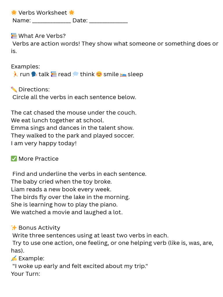 Action Words Worksheet for Grade 1 | PDF