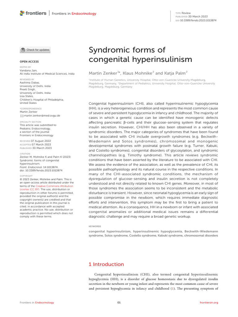 Syndromic Forms of Congenital Hyperinsulinism | PDF | Hypoglycemia ...