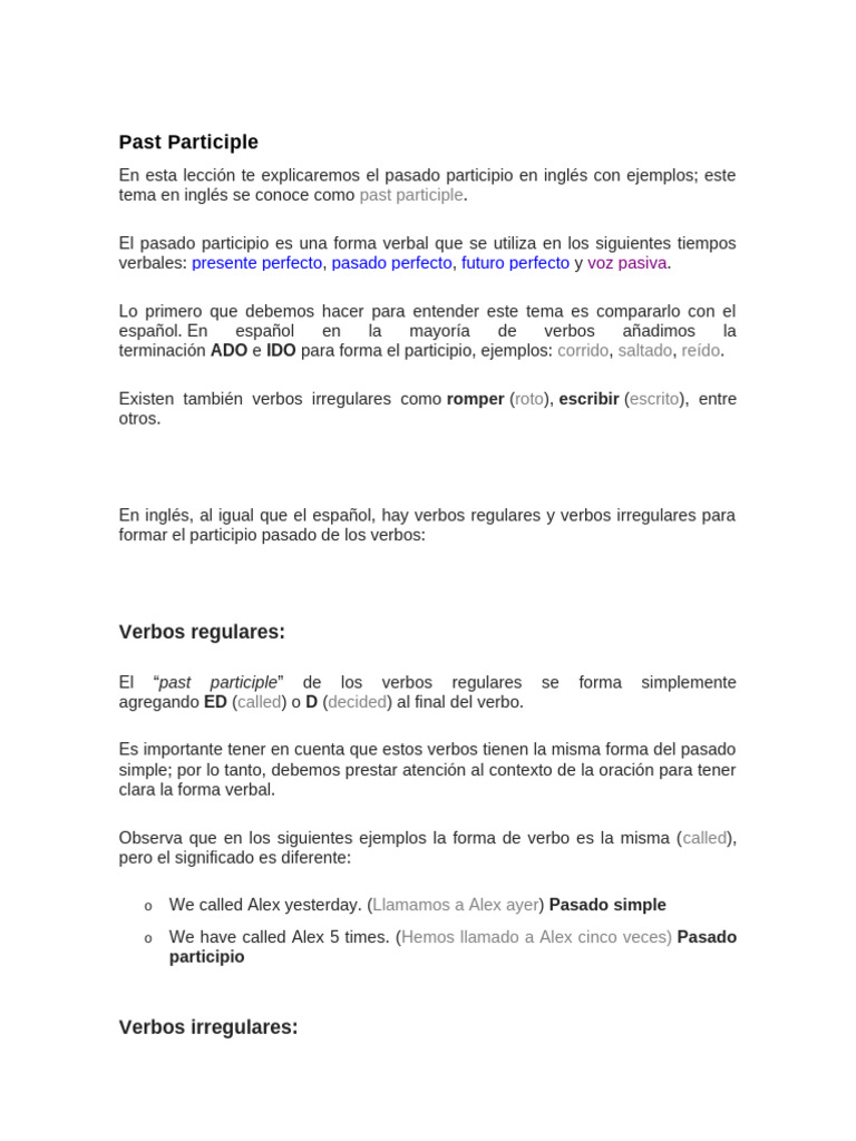 Guía del Pasado Participio en Inglés | PDF