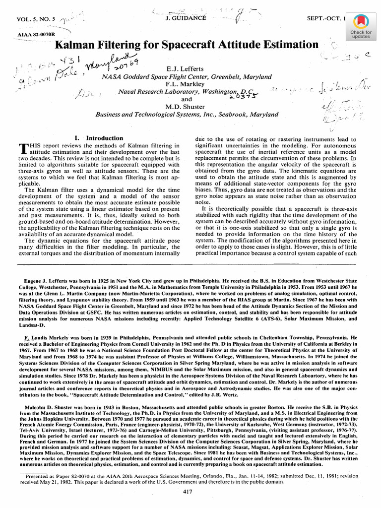 Kalman Filtering For Spacecraft Attitude Estimation | PDF | Kalman Filter | Matrix (Mathematics)