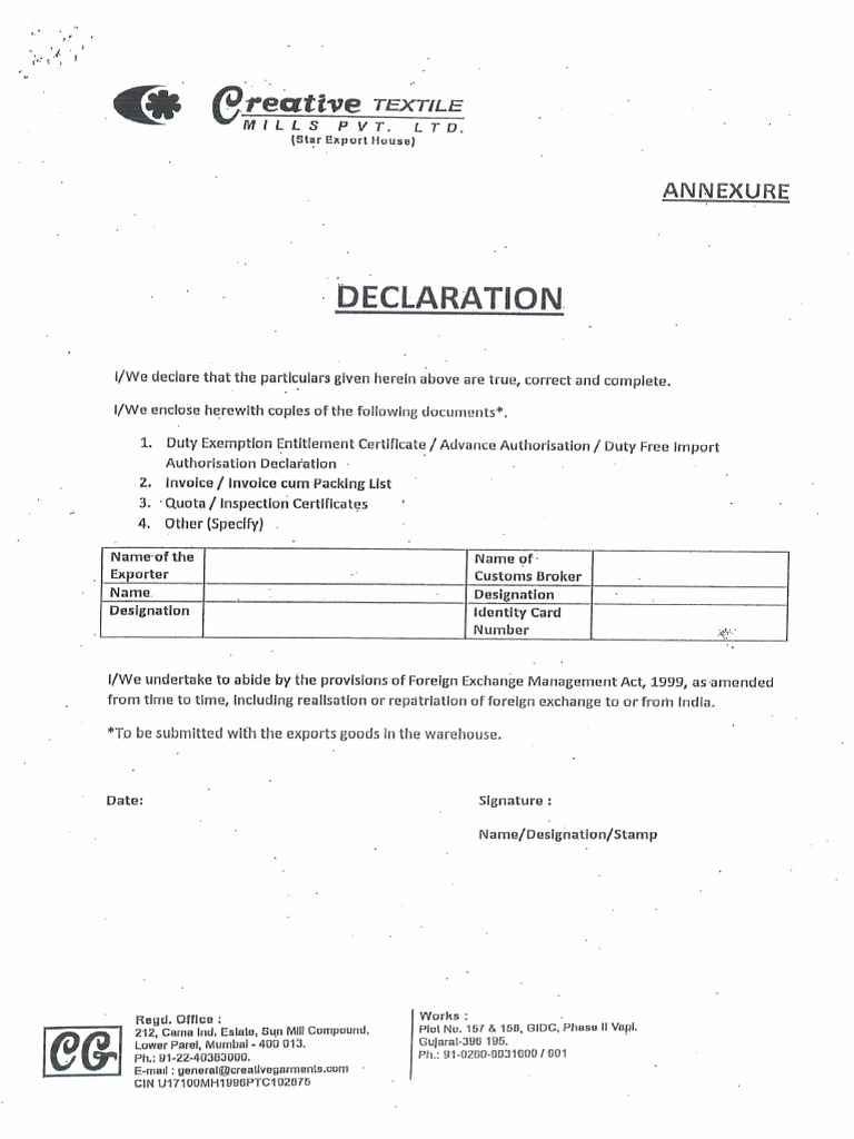 Exports Declaration & Annex 1 | PDF