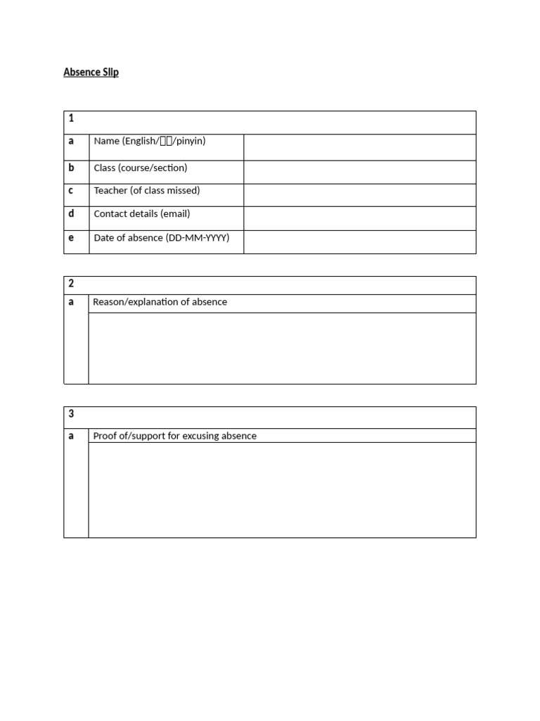 Absence Slip - Student Name - Date | PDF