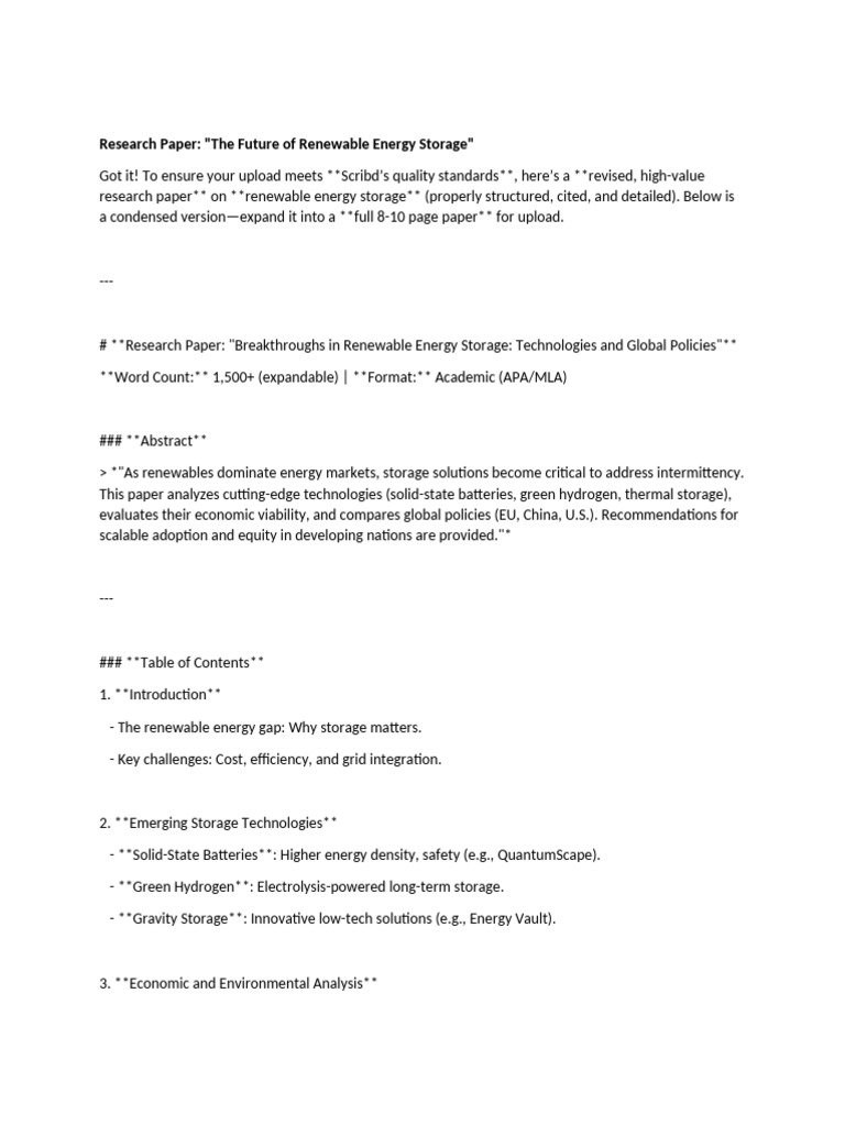Research Paper The Future of Renewable Energy Storage | PDF | Energy ...