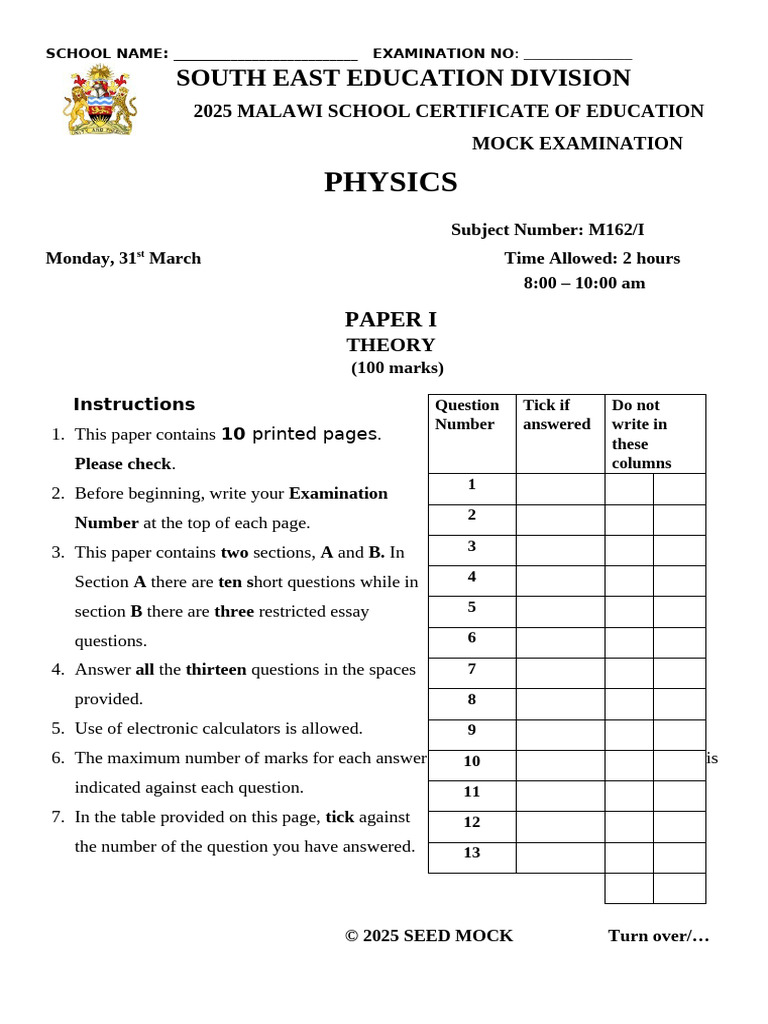 2025 Seed Physics Mock Pi | PDF | Acceleration | Force