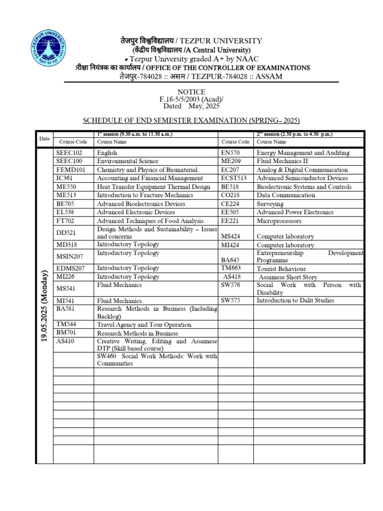 Notificaion END Sem Exam Schedule Spring 2025 | PDF | Engineering ...