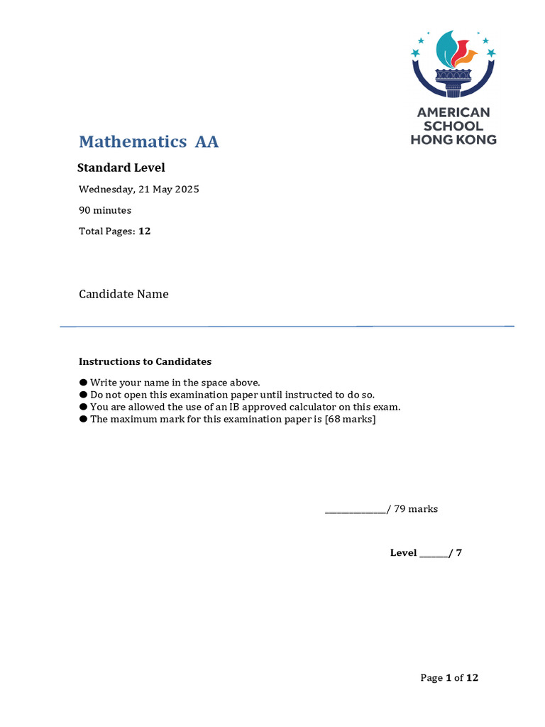 Math G11 AA SL Final Exam 2025 | PDF | Function (Mathematics ...
