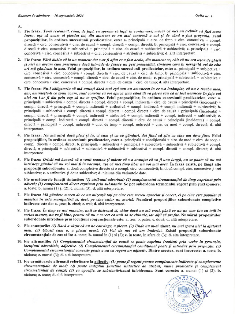 Subiecte Grila 1-Septembrie 2024 | PDF