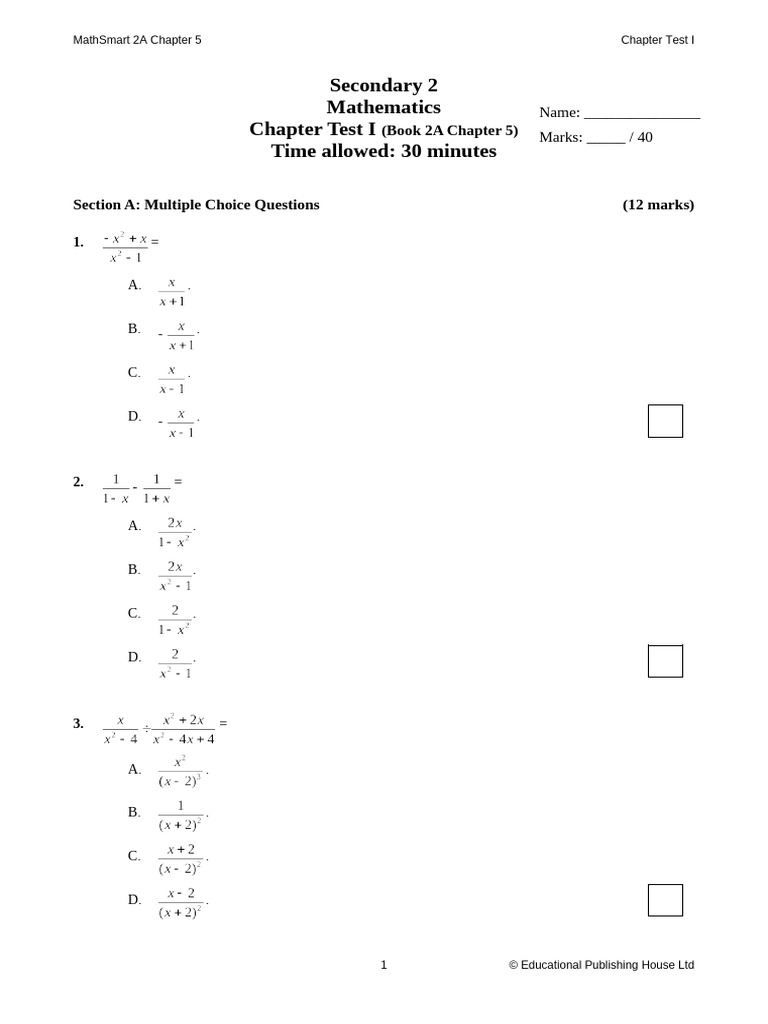 MathSmart 2A Chapter 5 Test | PDF | Mathematics | Algebra
