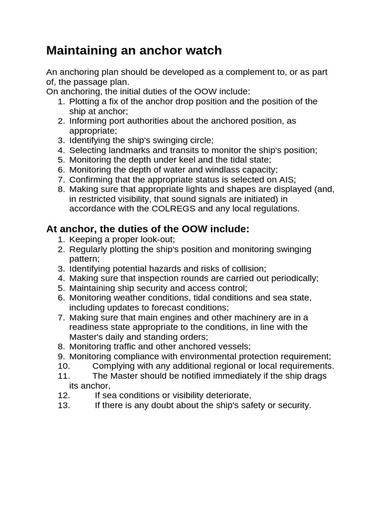 Anchor Watch Duties and Responsibilities | PDF