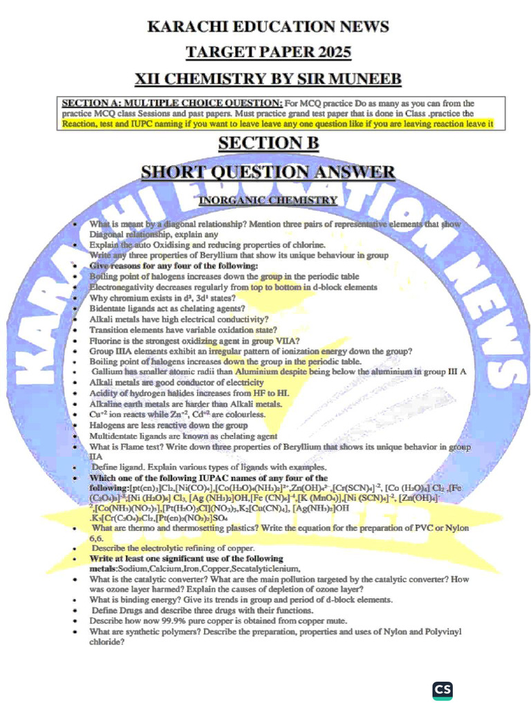 Xii-Chemistry Target Paper 2025 by Sir Muneeb | PDF