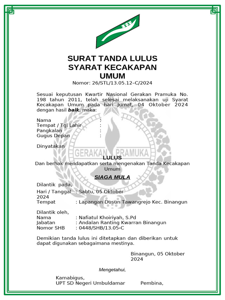 Surat Tanda Lulus Kecakapan Umum 2024 | PDF