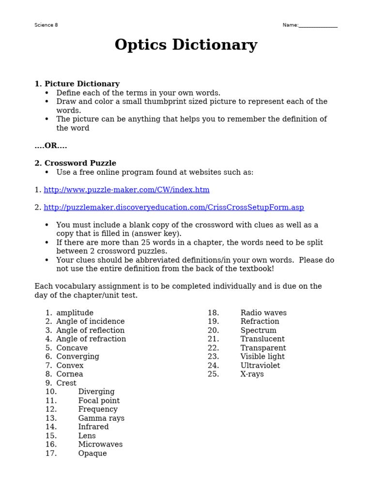 Optics Crossword Puzzle Assignment | PDF