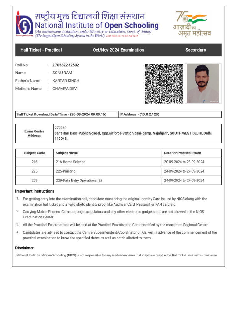 Sonu ChhadaHall Ticket | PDF