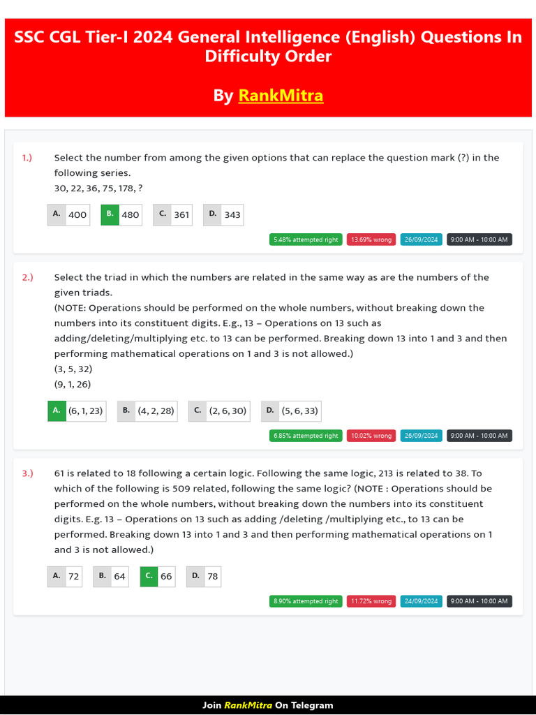 SSC CGL Tier I 2024 General Intelligence English Questions in Difficulty | PDF | English ...